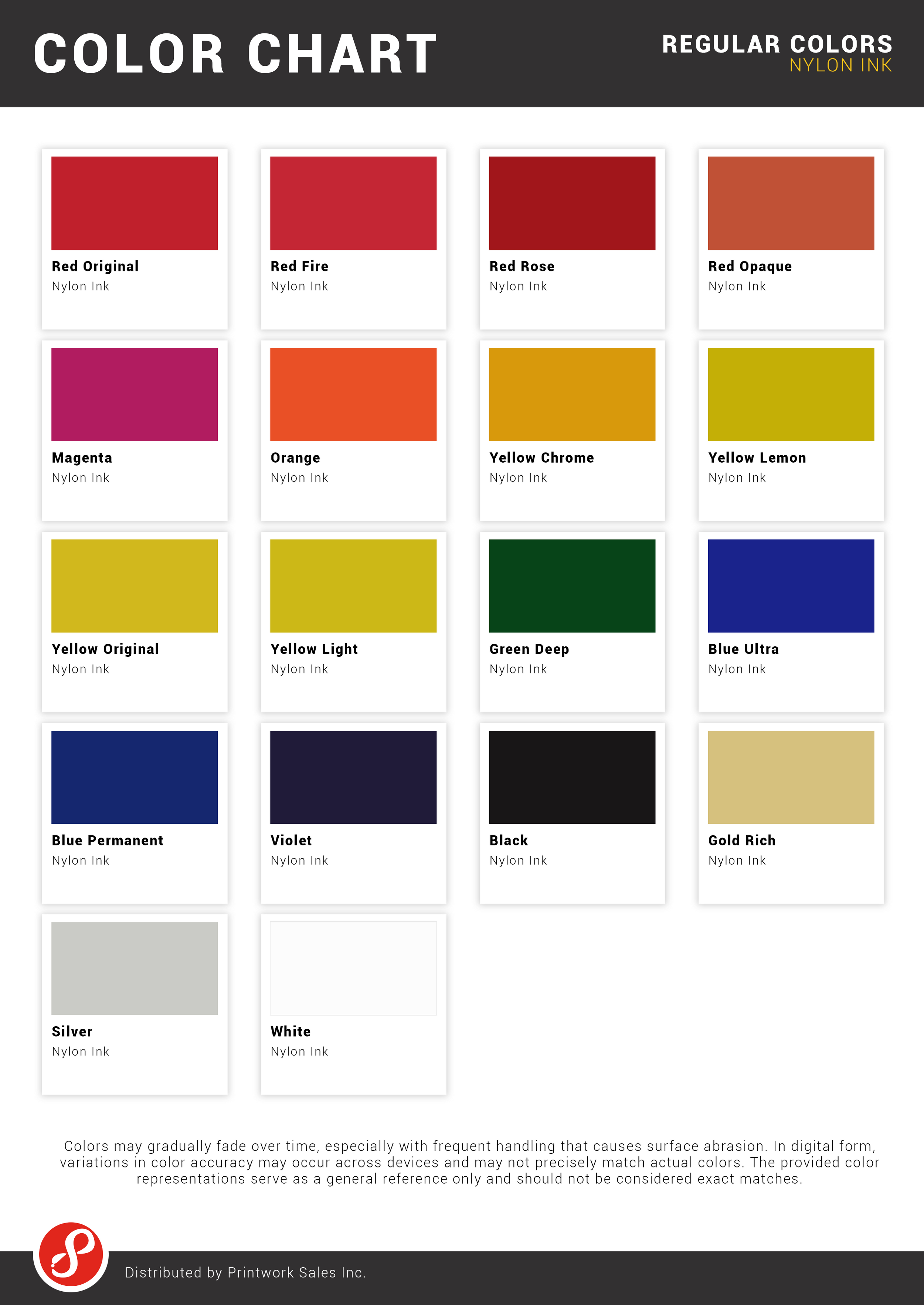 Color Chart | Vinyl, PPE, Nylon, Single Pack, Two Pack Inks – Printwork ...