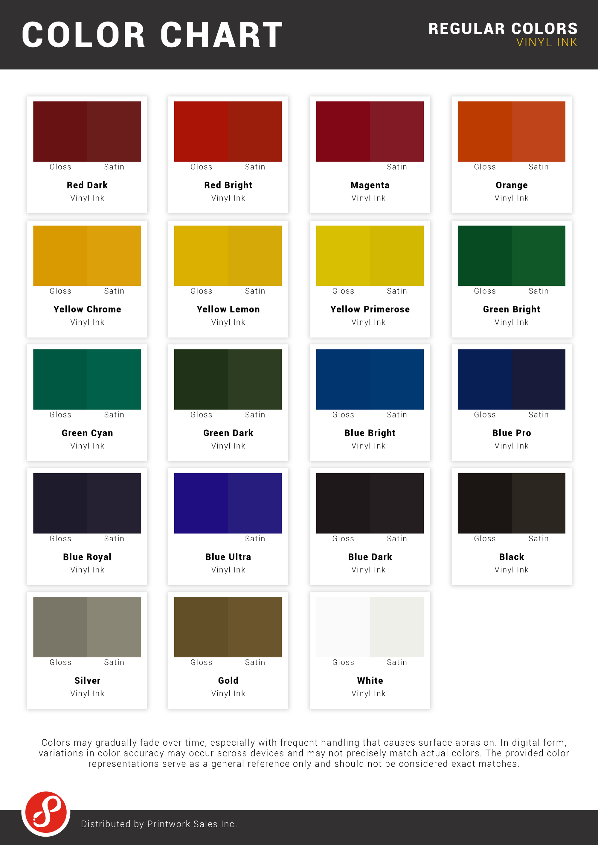 Color Chart | Vinyl, PPE, Nylon, Single Pack, Two Pack Inks – Printwork ...